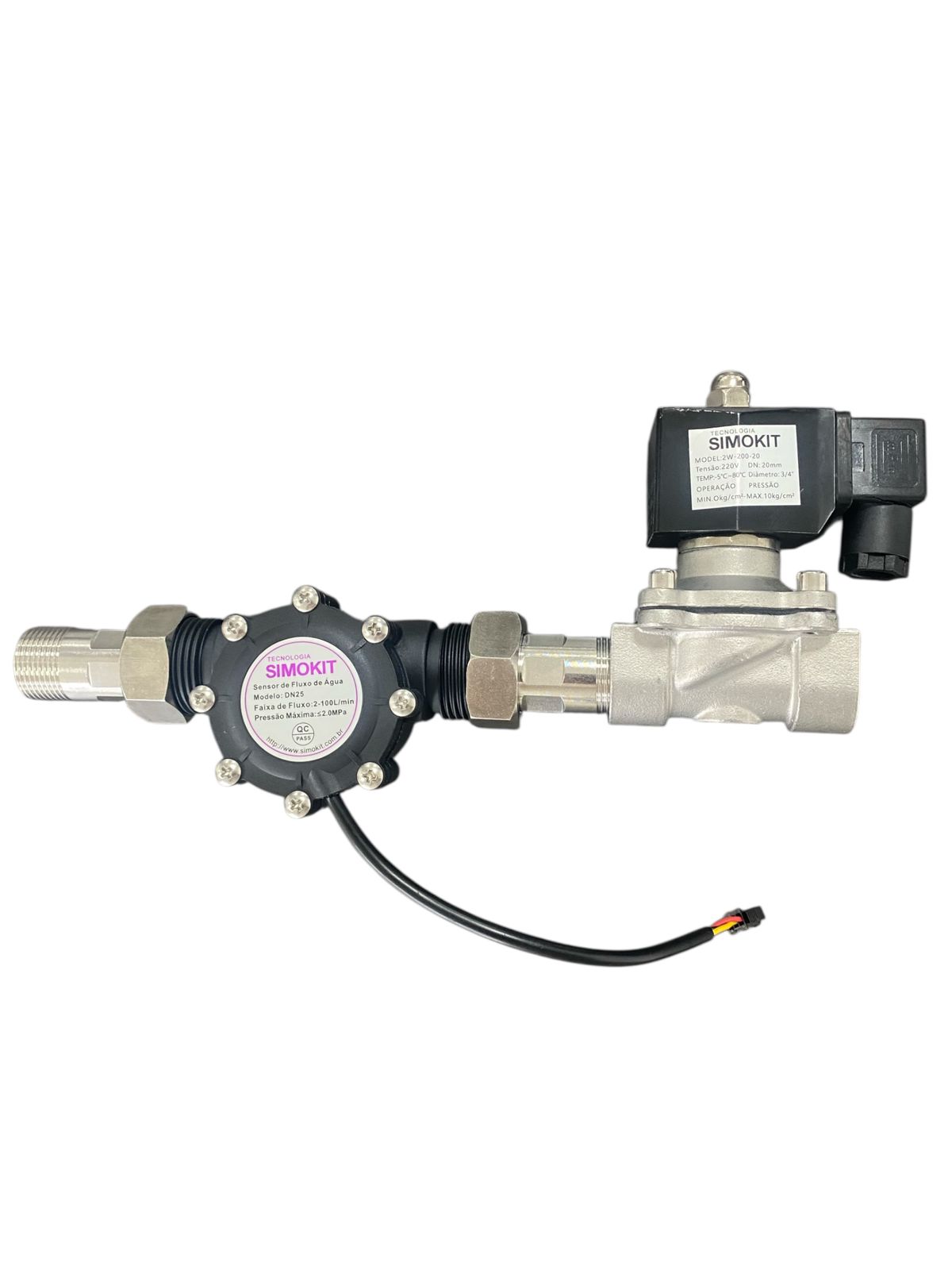 Kit Válvula Solenoide NF Inox DN20 + Sensor Fluxo DN25 + Conexões – SIMOKIT