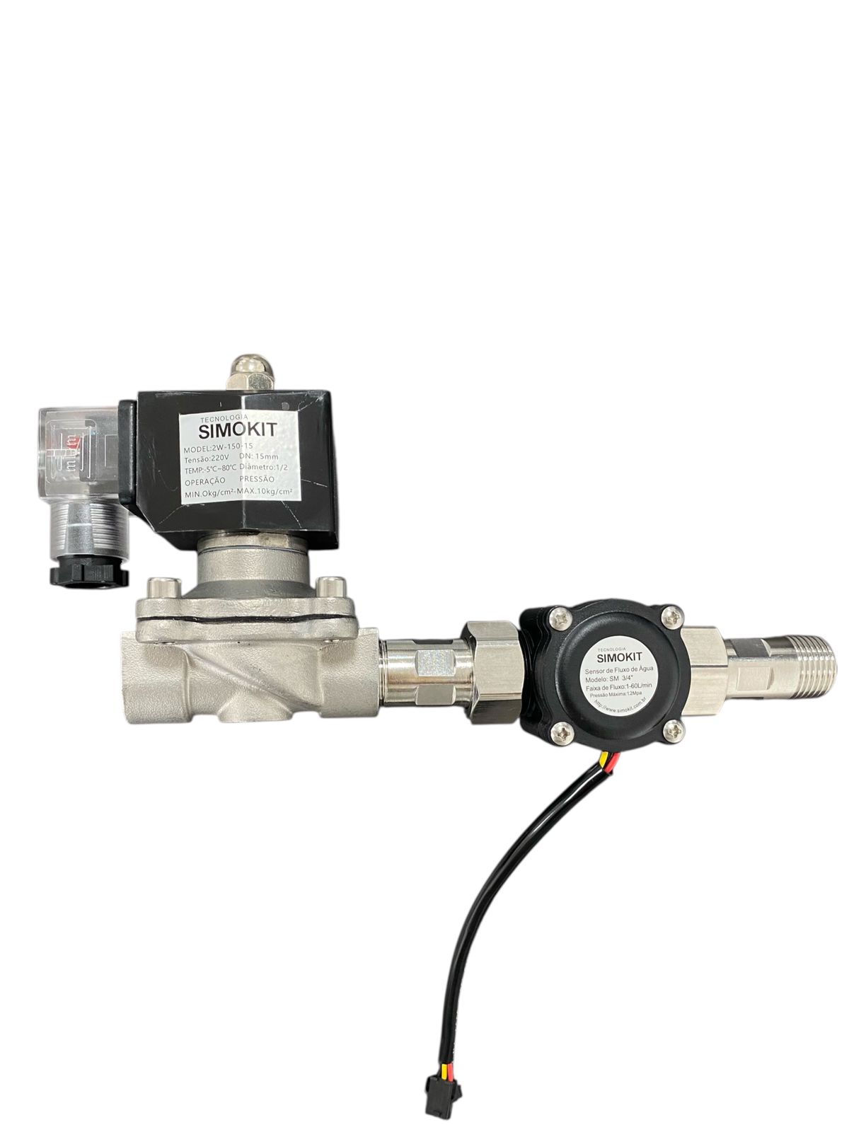Kit Válvula Solenoide NF Inox DN15 + Sensor Fluxo DN20 + Conexões – SIMOKIT